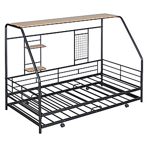 RUNNA Metal House Bed with Trundle, Built-in Shelf and Grid, Heavy Duty Metal Day Bed with Guardrail for Kids Boys Girls (Black, Twin)