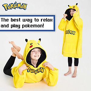 Pokemon Boys Oversized Hoodie with Sherpa-Lined Hood - Blanket Hoodies for Kids (Yellow/Black Pikachu)