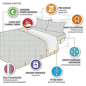 Beautyrest 100% Cotton Sheet Set Breathable Oversized Flannel, All Elastic Deep Pocket Fits Up to 16" Mattress - Cozy Warm Bed Sheets for Cold Weather, Cal King, Beige Windowpane 4 Piece