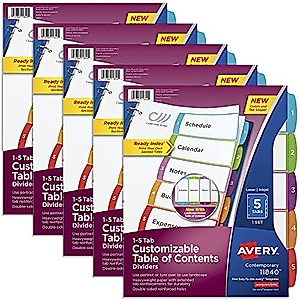 Avery 5 Tab Dividers for 3 Ring Binders, Customizable Table of Contents, Multicolor Tabs, 5 Packs, 5 Sets Total (11840)