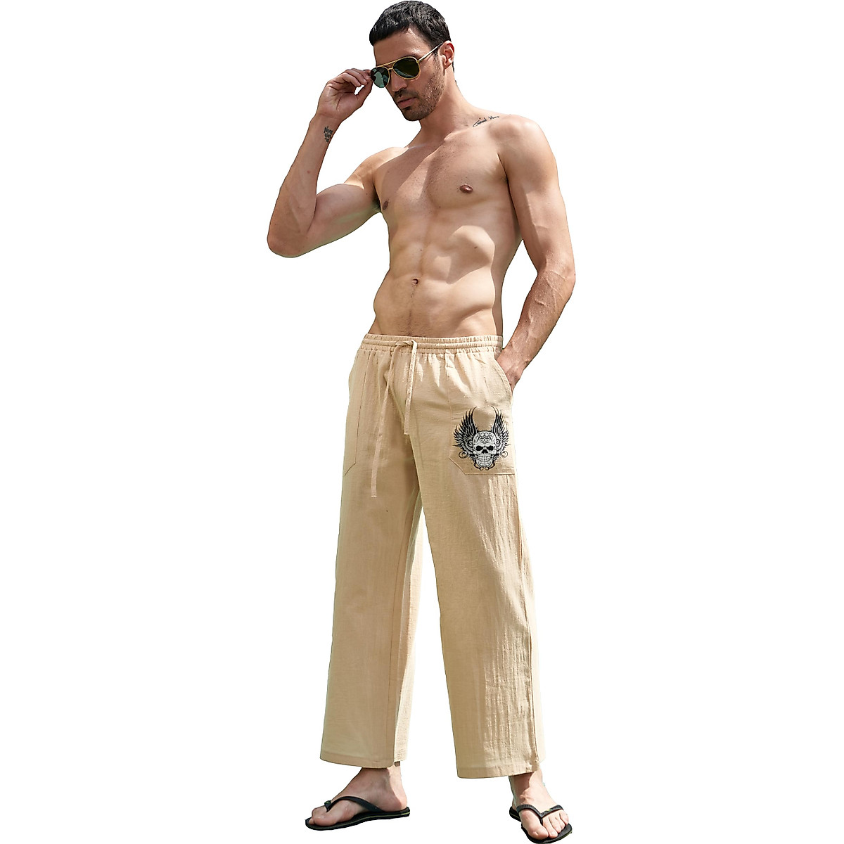 Miaikvs Men's Print Cotton Linen Casual Pants with Elastic Waistband - Soft, Breathable, and Loose-Fit Summer Pants (US, Alpha, Large, Regular, Regular, Skeleton Khaki)