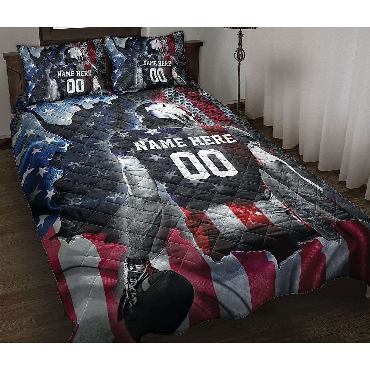 OhaPrints Custom Football Us Flag Gift for Son Boy Personalized Name Number Quilt Blanket & Pillowcases, Quilts Bedding Set & Pillow Cover, King Queen Double Twin Throw Full Size Bedspread Bed Sets