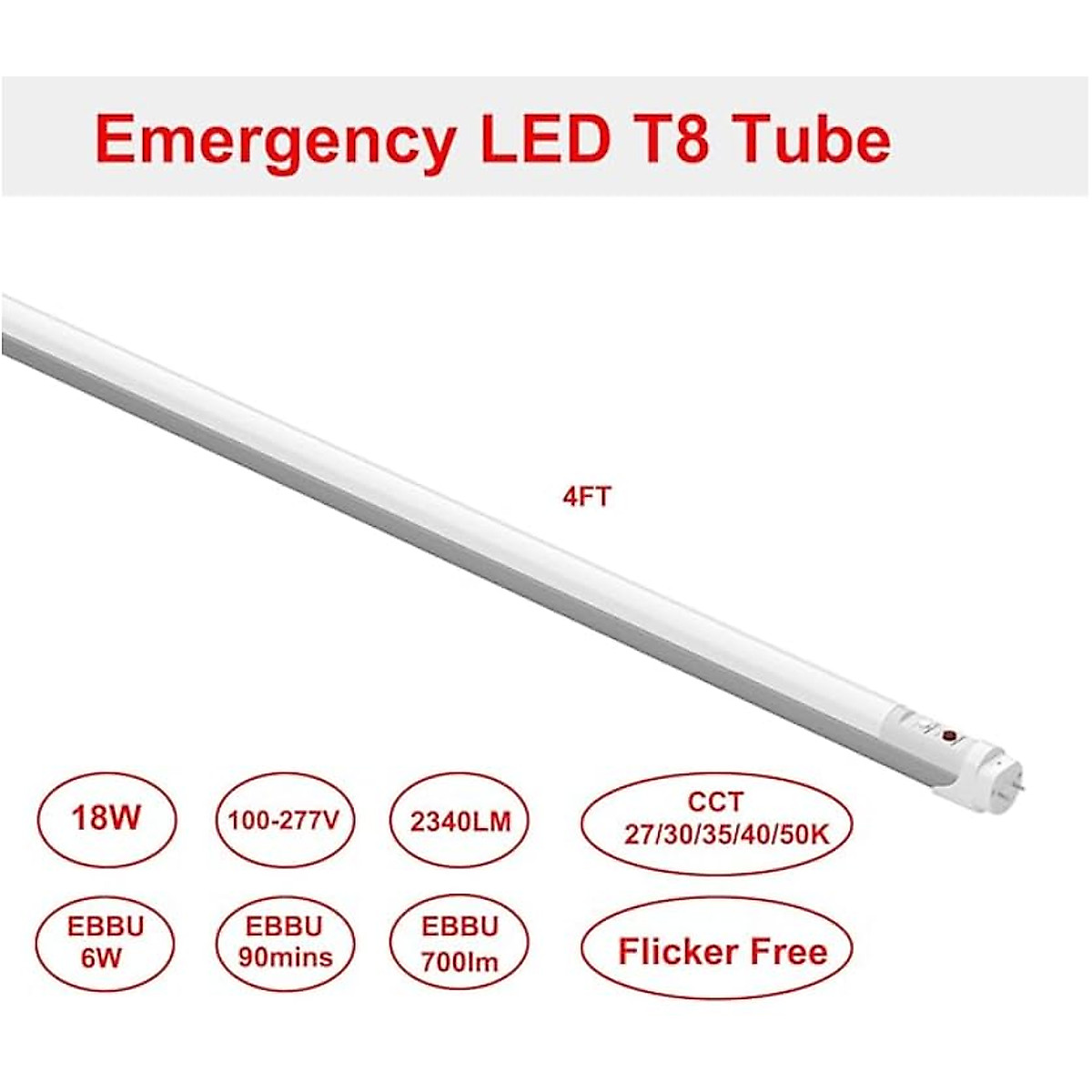 E2 LIGHTING 4ft T8 LED Bulbs, LED Fluorescent Tube Replacement 4ft, T8 LED with Emergency Battery, 5 CCT Tunable 27K-50K, 6W, 120-277V, Ideal for Office and Warehouse-5 Pack