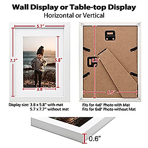 KINLINK 6x8 Picture Frames White, Photo Frames with Real Glass for Picture 4x6 with Mat or 6x8 without Mat, Composite Wood Picture Frames for Table Top and Wall Mounting, Set of 4