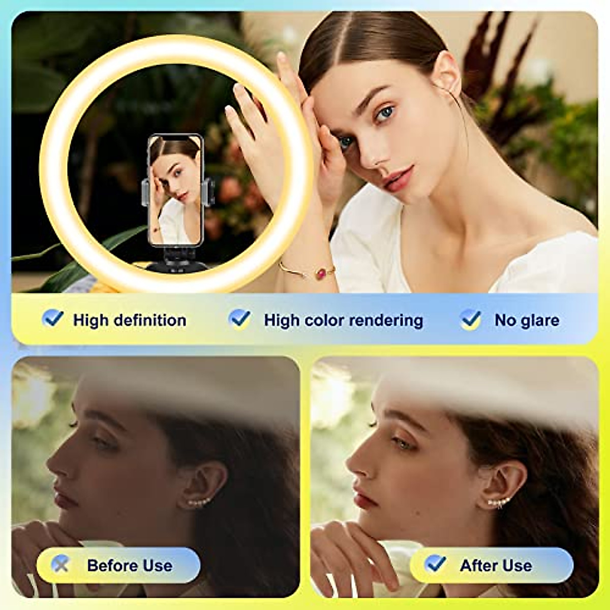 Aureday 14'' Selfie Ring Light with 62'' Tripod Stand and Phone Holder, Dimmable LED Phone Ringlight for Makeup/Video Recording/Photography, Circle Lighting for All Cell Phones&Lightweight Cameras