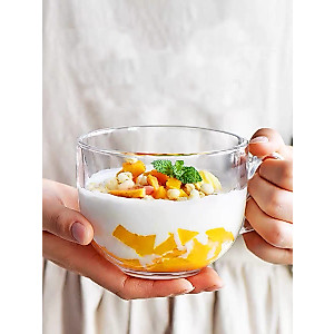 Aoderun Large Glass Coffee Mugs Set of 3 15oz Ins Style Glass Cups with Lids Spoon, for Cappuccino, Coffee Latte Cereal Ice Cream Mike Dishwasher and Microwave Safe (Premium Tempered Glass)