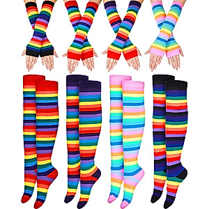 Chuarry 8 Pairs Women's Rainbow Thigh High Socks Fingerless Arm Warmer Set Long Striped High Socks Leg Warmers for Pride Fest(Mixed Color,Classic Style)