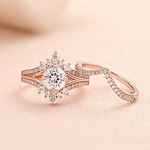 SHELOVES Vintage Crown Shape Wedding Engagement Ring Sets Rose Gold Sterling Silver Chevron Stacking Band Sz 8