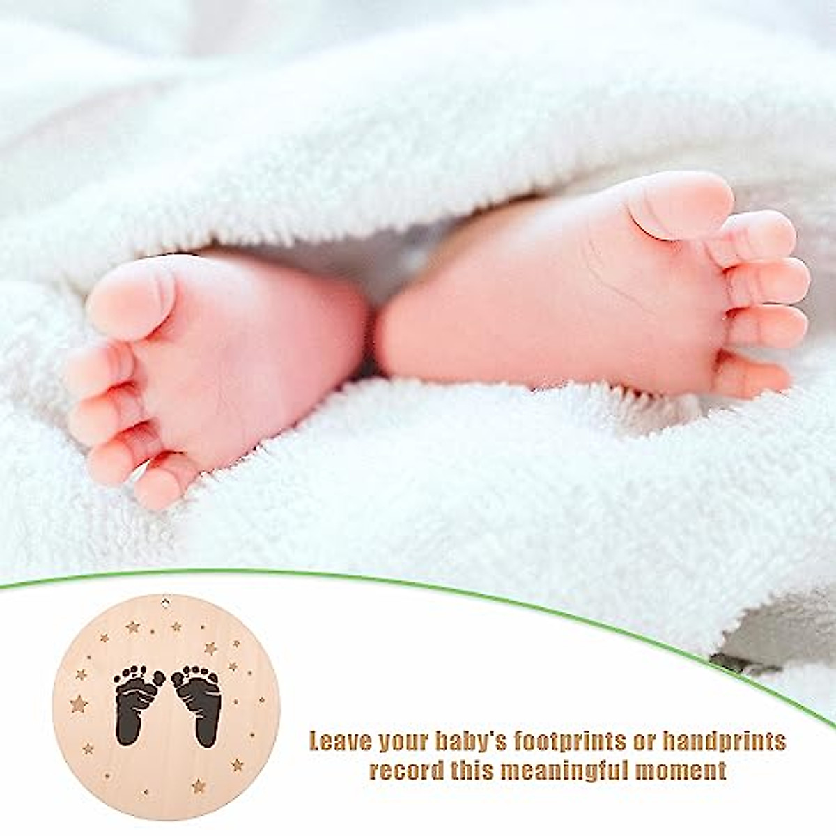 Baby Announcement Sign, 5.9 inch Double Side Wooden Birth Announcement Sign with Ink Pad for Baby Hand and Footprints for Hospital Hello World Newborn Announcements