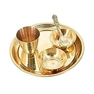 Small Bhog Thali Laddu Gopal kanha ji Thakur ji Brass Pooja Bhog Thali Set- 5 Pcs Plate, Glass,2 Bowl and Spoon 5.5 Inch