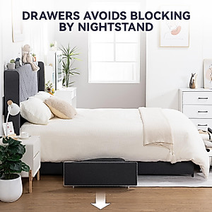 COMHOMA Bed Frame Queen Size with Type-C & USB, Queen Size Bed Frame with 3 Storage Drawers, Upholstered Bed Frame Queen with Wingback Headboard, Steel Slats Support, Dark Grey