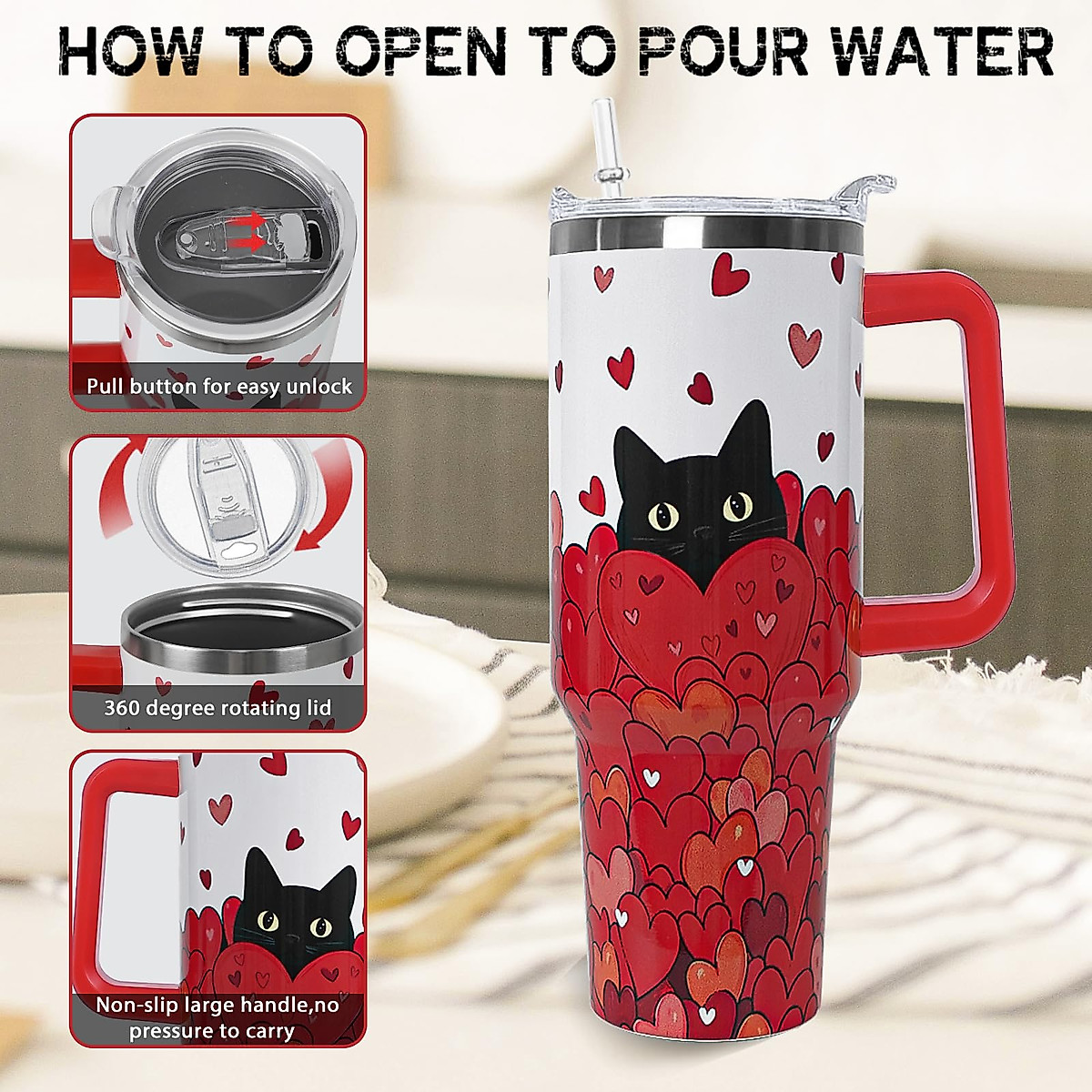 Nqhsionv Valentines Cat Tumbler with Handle 40 oz Cute Black Cat Love Hearts Coffee Travel Mug Stainless Steel Insulated Cup Valentines Anniversary Wedding Birthday Gifts for Women Cat Lover