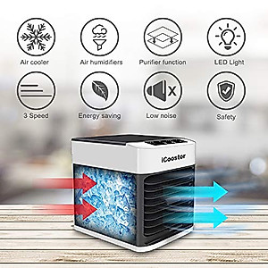 iCoostor Personal Space Air Cooler | Portable Evaporative Air Cooler | Humidifier with Touch Button & Remote Control & 3 Speed Levels &7 LED Light & Waterless Protect & Timer for Every Situation