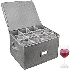 LotFancy Stemware Storage Container, Hard Shell, Stackable Wine Glass Storage Box with Dividers & Handles, Crystal Glassware, Champagne Flute, Drinkware Case for Moving, Grey