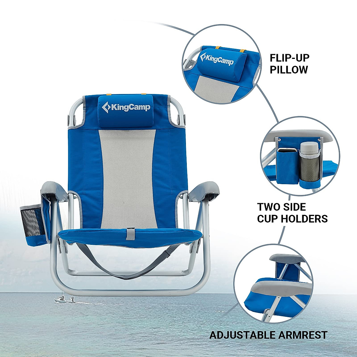 KingCamp Elastic 3 Aluminium Backpacking, Reclining Low Profile Sitting Beach Chair with headrest,Straps,Cup Holder for Outdoor Picnic Concert Travel Festival, One Size, Adjustable Back-1 Pack
