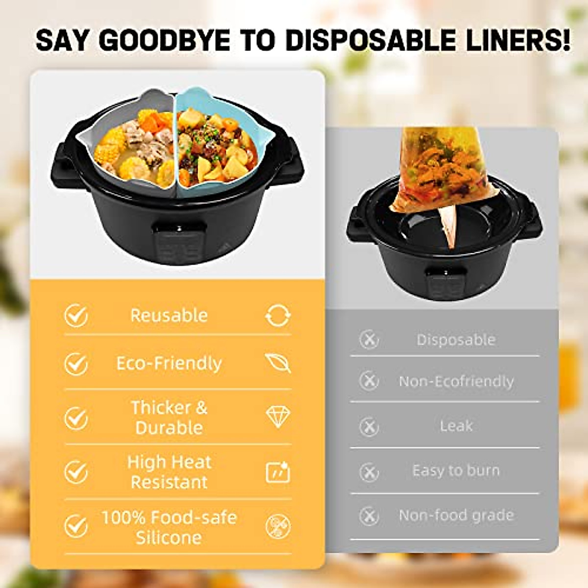 Silicone Crock Pot Liner-Crockpot Divider Insert Fit 6-8 Quarts, Reusable Slow Cooker Silicone Liner, Foldable&Dishwasher Safe (Blue+Grey)