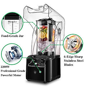 Senlee Professional Commercial Blender for Kitchen with Soundproof Shield, 2200W, 80oz, 15 Speeds, Professional-Grade Power, Quiet Countertop Blender for Smoothies, Self-Cleaning, Black