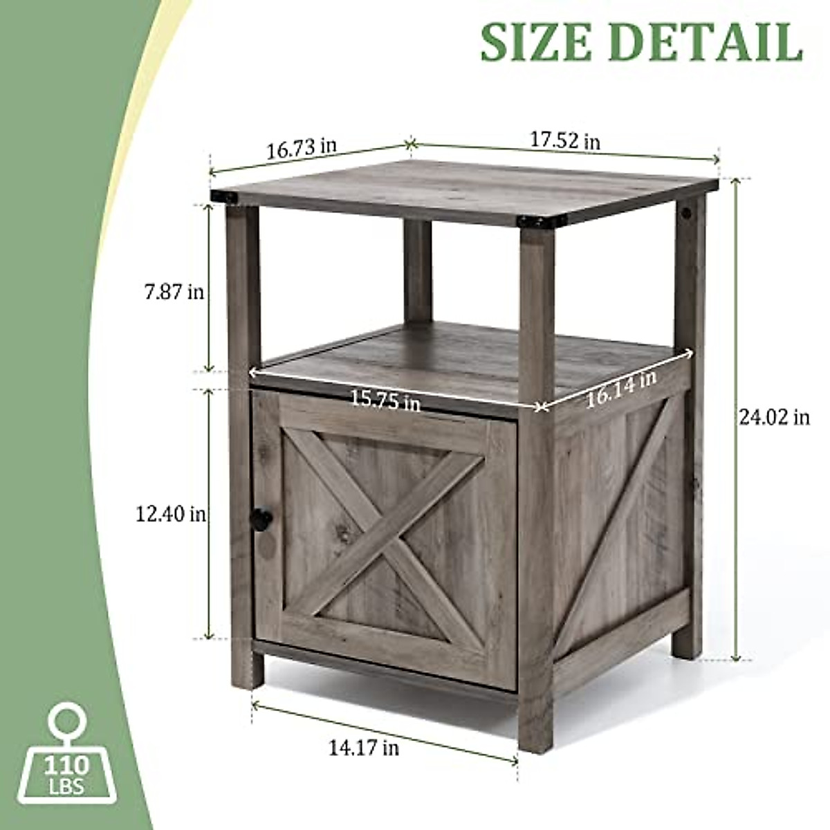 JOINHOM Farmhouse Nightstand Bedroom, End Table with Barn Door and Shelf, Wooden Side Table for Living Room, Office, Bedroom