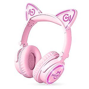 Mindkoo Cat Ear Bluetooth Headphones Pink, LED Light Up Over Ear Wireless Headphones with Microphone, Comfort Foldable Headset for Kids & Adults