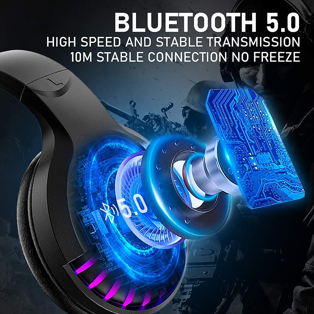 Wireless Bluetooth Headphone with Noise Cancellation HiFi Stereo Sound Mic Deep Bass Protein Earpad Rainbow RGB Backlight Rechageable Over Ear Headset for PC Mac Game Travel Class Home Office(Black)