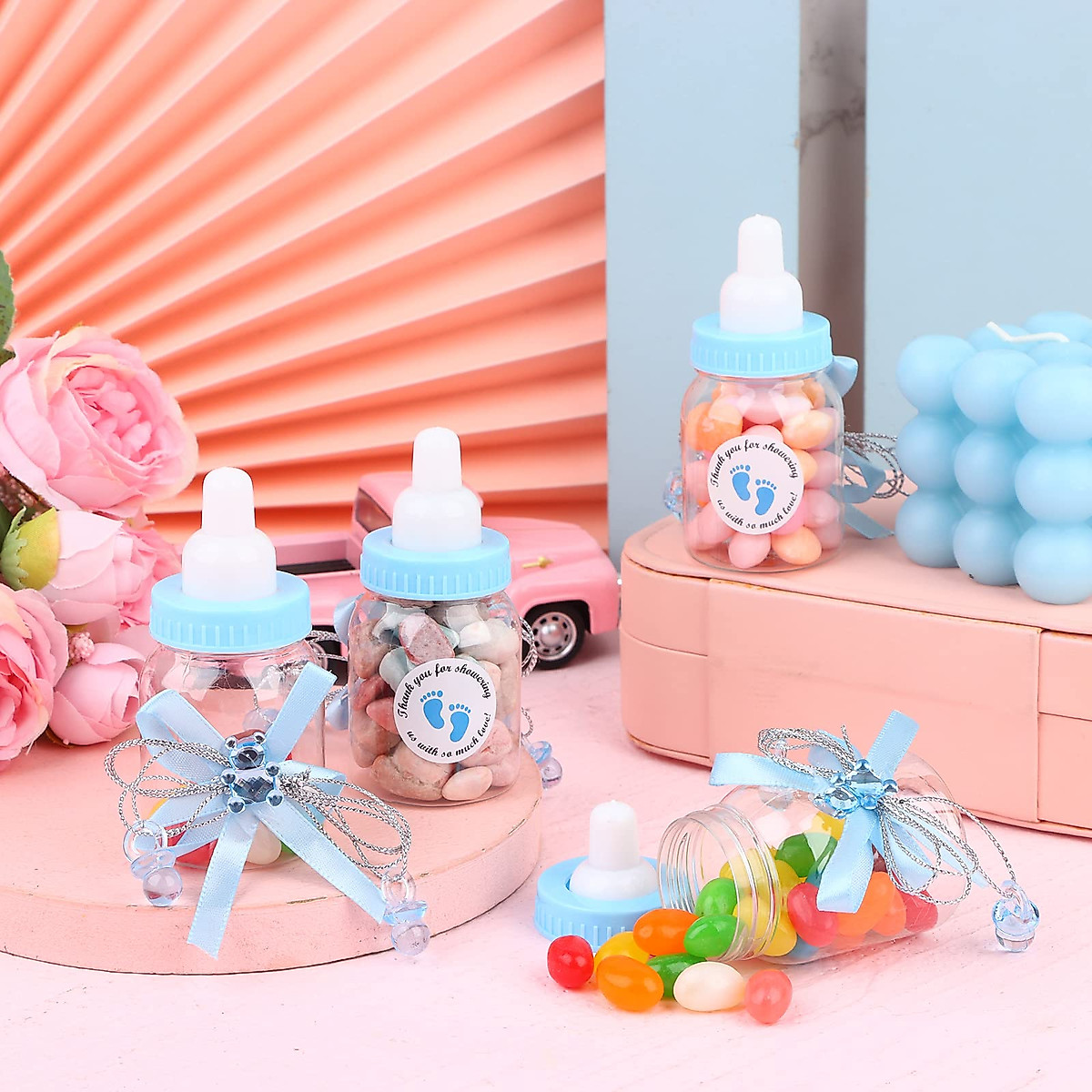 62 Pcs 3.5 Inch Baby Mini Milk Bottle Baby Shower Favor with 500 Adhesive Thank You for Showering Stickers, Small Plastic Bear Candy Bottle with Ribbon for Boy Girl Newborn Baptism Party Decor (Blue)