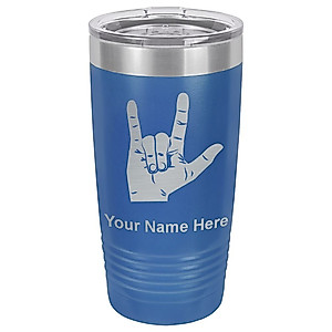 LaserGram 20oz Vacuum Insulated Tumbler Mug, Sign Language I Love You, Personalized Engraving Included (Dark Blue)