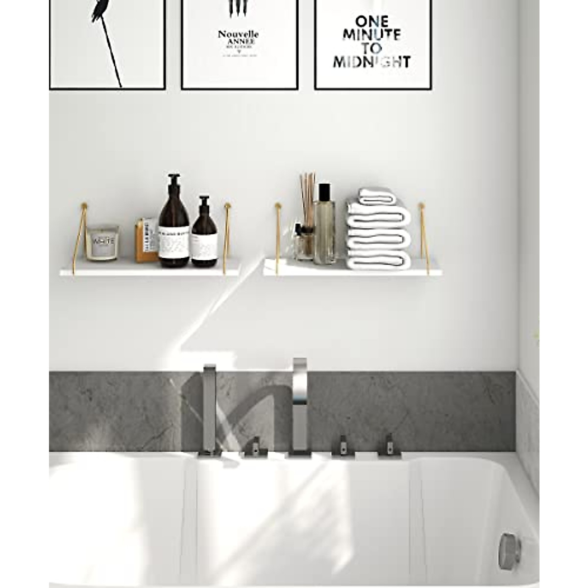 Afuly Floating Shelves Rustic Wall Shelves, Metallic Gold White Wall Mounted Shelves, Wall Hanging Storage for Bathroom Kitchen Bedroom, Wood Metal Chic Wall Bookshelf, Set of 2…