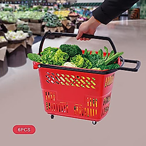 Bacacoo Plastic Shopping Carts, 6 Trolley Rolling Shopping Baskets, 35l Shopping Trolley With Handles, Portable Shopping Basket Set In Supermarkets And Retail Stores (Red)