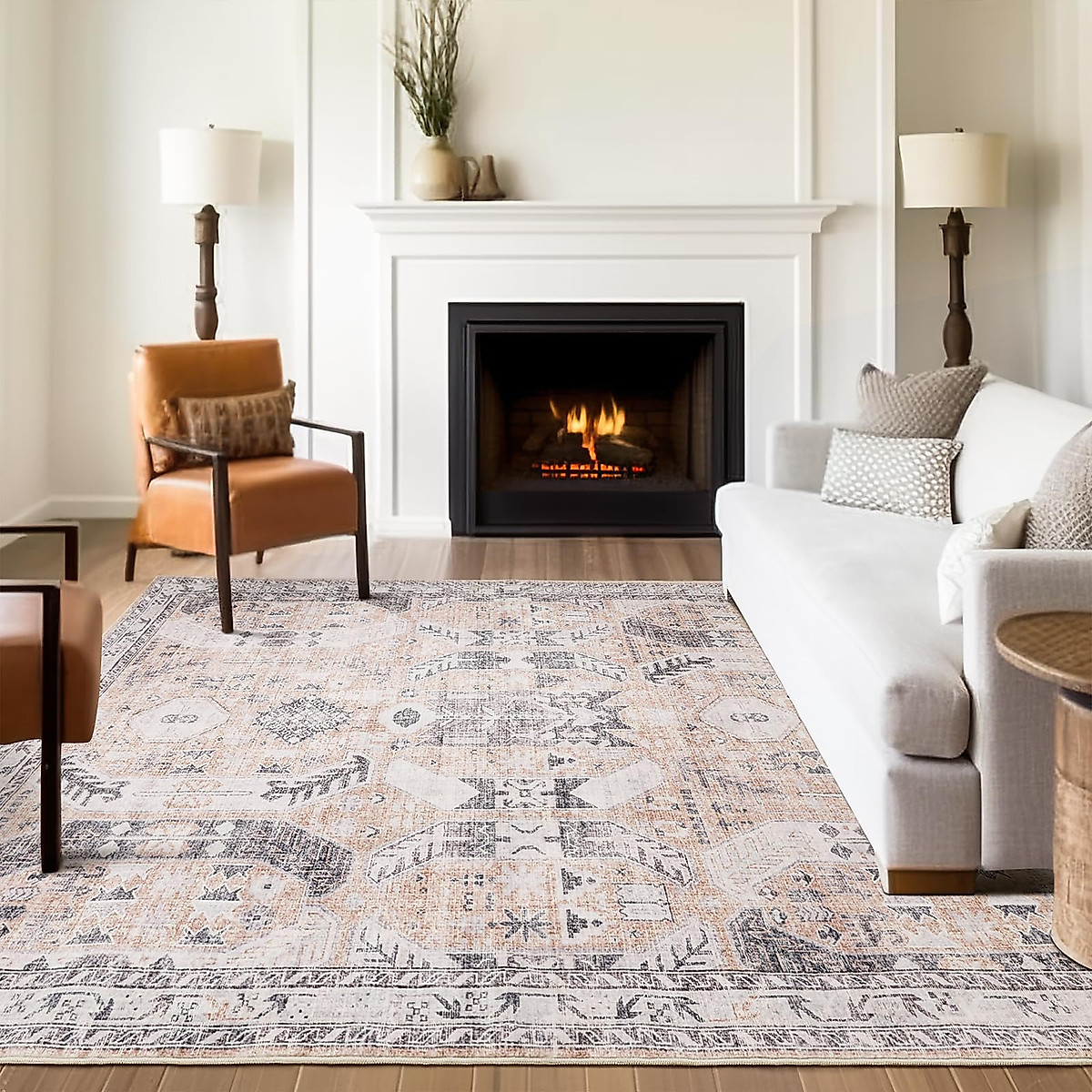 befbee Washable Rug 8x10 Area Rugs for Living Room - Stain Resistant Non-Slip Backing Rugs for Bedroom,Ultra-Thin Vintage Large Area Rug (Peach/Grey, 8'x10')