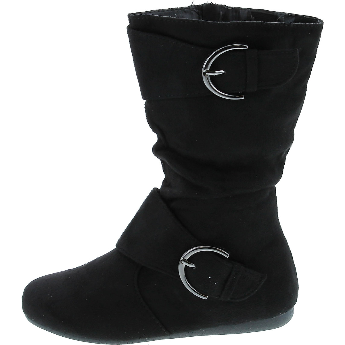Link Klein-70K Girl's Kid's Faux Suede Two Buckle Zipper Flat Heel Mid Calf Slouchy Boot Shoes,Black,9