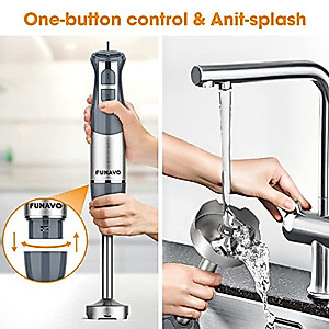 Immersion Hand Blender, FUNAVO 800W 5-in-1 Multi-Function 12 Speed 304 Stainless Steel Stick Blender with Two Mode Adjustable, 600ml Beaker, 500ml Chopping Bowl, Whisk, Milk Frother, BPA-Free