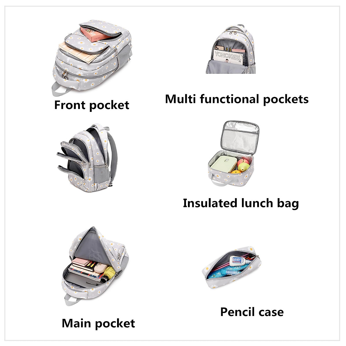 Daisy-Print School Backpack Set with Lunch Kits Bookbag for Teenager Girls 3pcs Gradient SchoolBag for Primary Student