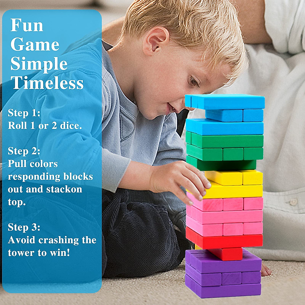 Stacking Board Game,Colored Wooden Stacking Game,48PCS Tumble Tower With Dice,Colorful Stacking Block Party Game,Educational Stacking Building Blocks For Kids,Stacking Gifts Set For Boys Girls Adults