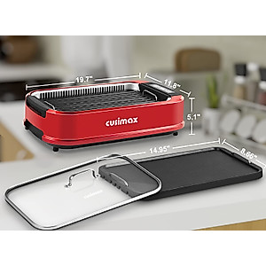 CUSIMAX Smokeless Indoor Grill, Electric Grill Griddle, 1500W Korean BBQ Grill with LED Smart Display & Tempered Glass Lid, Non-stick Removable Grill Plate & Griddle Plate, Red
