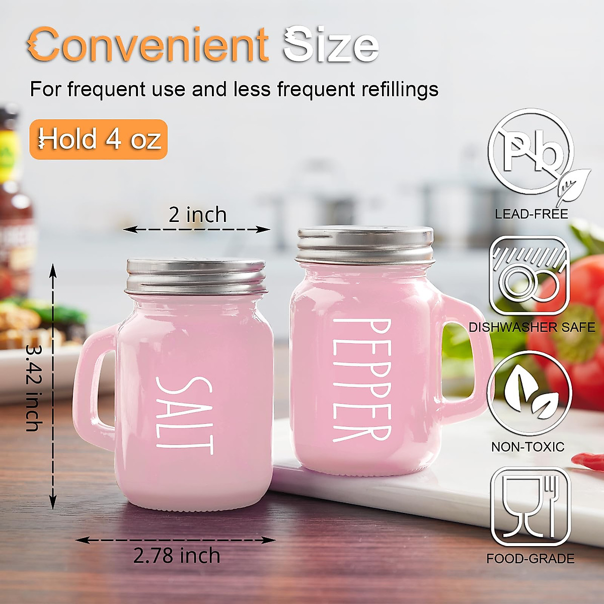 Pink Salt and Pepper Shakers Set - Pink Kitchen Accessories - Pink Kitchen Decor - 4 oz Glass Salt and Pepper Set for Cooking Table, RV, BBQ, Easy to Clean & Refill