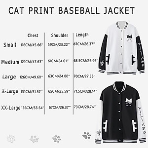 Cute Cat Baseball Jacket Hoodie Long Sleeve Casual Sweatshirt Oversized Kawaii Print Pullover Aesthetic Coat for Girl Black
