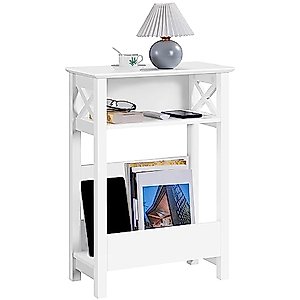 Yaheetech Small Side Table with Storage Shelf, 3-Tier Slim End Table with Magazine Rack, X Shaped Magazine Table for Living Room Home Office Balcony Small Spaces, 20? L � 10? W � 28? H, White