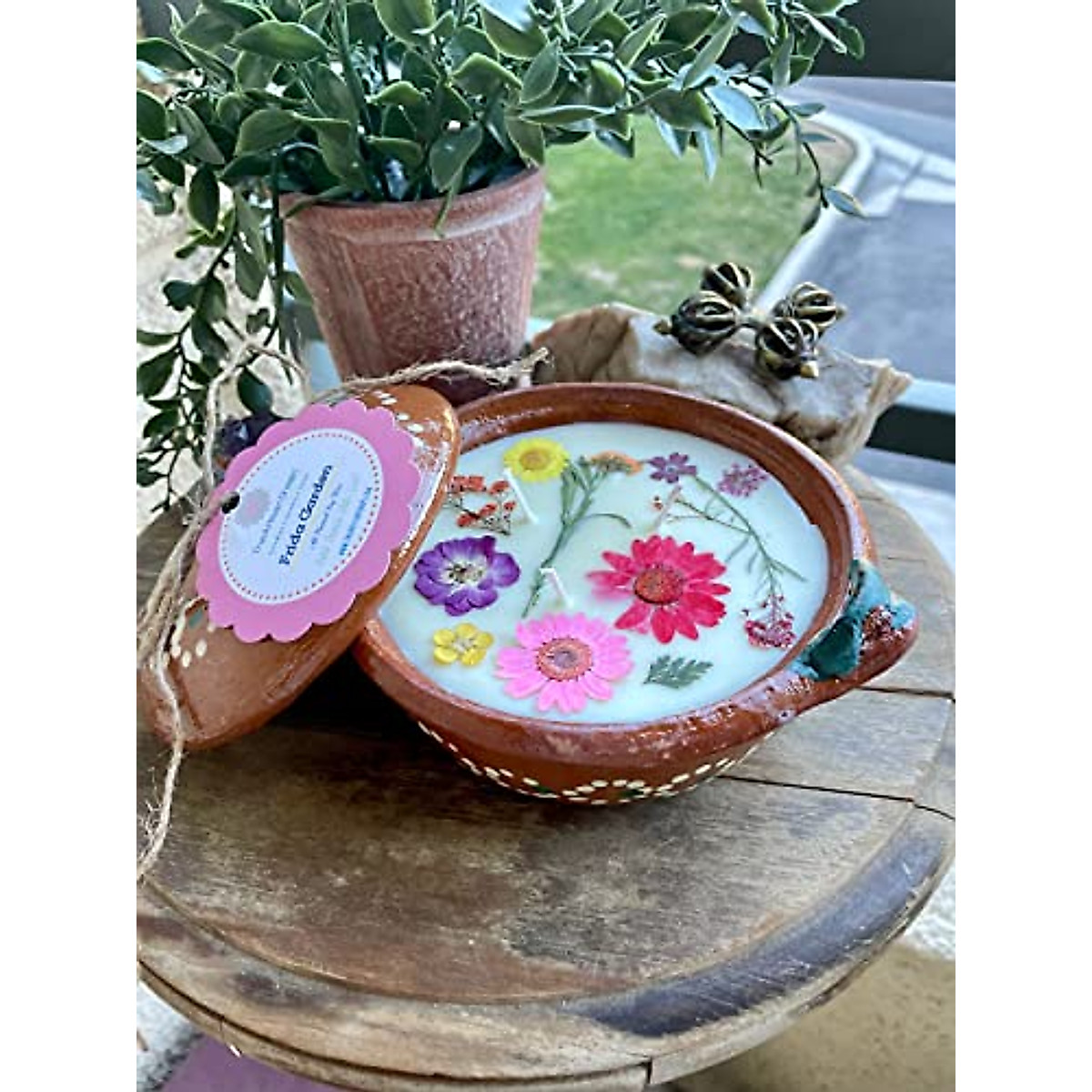 Frida Garden Cazuelita Candle Up Cycle Mexican Pottery Candle Bowl with Lid