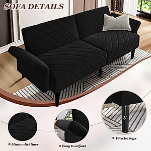 87 Inch Futon Sofa Bed, Modern Convertible Sleeper Futon Couch with Adjustable Armrests and Backrest, Velvet Oversized Loveseat Sofa Couch for Living Room, Apartment,Black