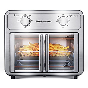 Elite Gourmet EAF1222SS Air Fryer Oven Double French Doors, Bake, Grill, Roast, Broil, Rotisserie, Toast, Warm, Air Fry, Dehydrate, 1500 Watts, with 25 Recipes, 12L. Capacity, Stainless Steel