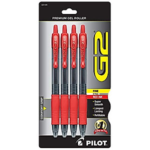 Pilot® G-2™ Retractable Gel Pens, Fine Point, 0.7 mm, Clear Barrels, Red Ink, Pack Of 4