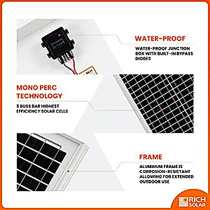 RICH SOLAR 20 Watts 12 Volts Monocrystalline Solar Panel for DC 12V Battery Charging and Any Other Off Grid Applications