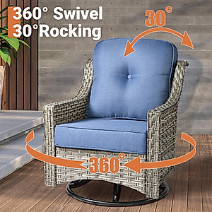 ovios 5 Piece Outdoor Patio Furniture with 3 Seat Sofa,Rattan Wicker Coversation Set with Swivel Rocking Chair,Balcony Sofa Set with Shiny Table for Outside Porch Backyard Pool,Blue