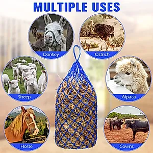 Nuenen 4 Pcs Slow Feed Hay Bag 40 Inch Hay Nets for Horses Hanging Hay Feeder for Goats 2 x 2 Inch Mesh Holes Horse Hay Bag Horse Feeding Supplies for Trailer and Stall, Simulates Grazing (Blue)
