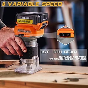 IRONFIST Cordless Palm Router for DEWALT 20V MAX Battery, Wood Trimmer Woodworking Trimmer Brushless Motor 6 Speeds Adjustable 1/4" Collet Suitable for Home Repairing, DIY, Carving (NO Battery)