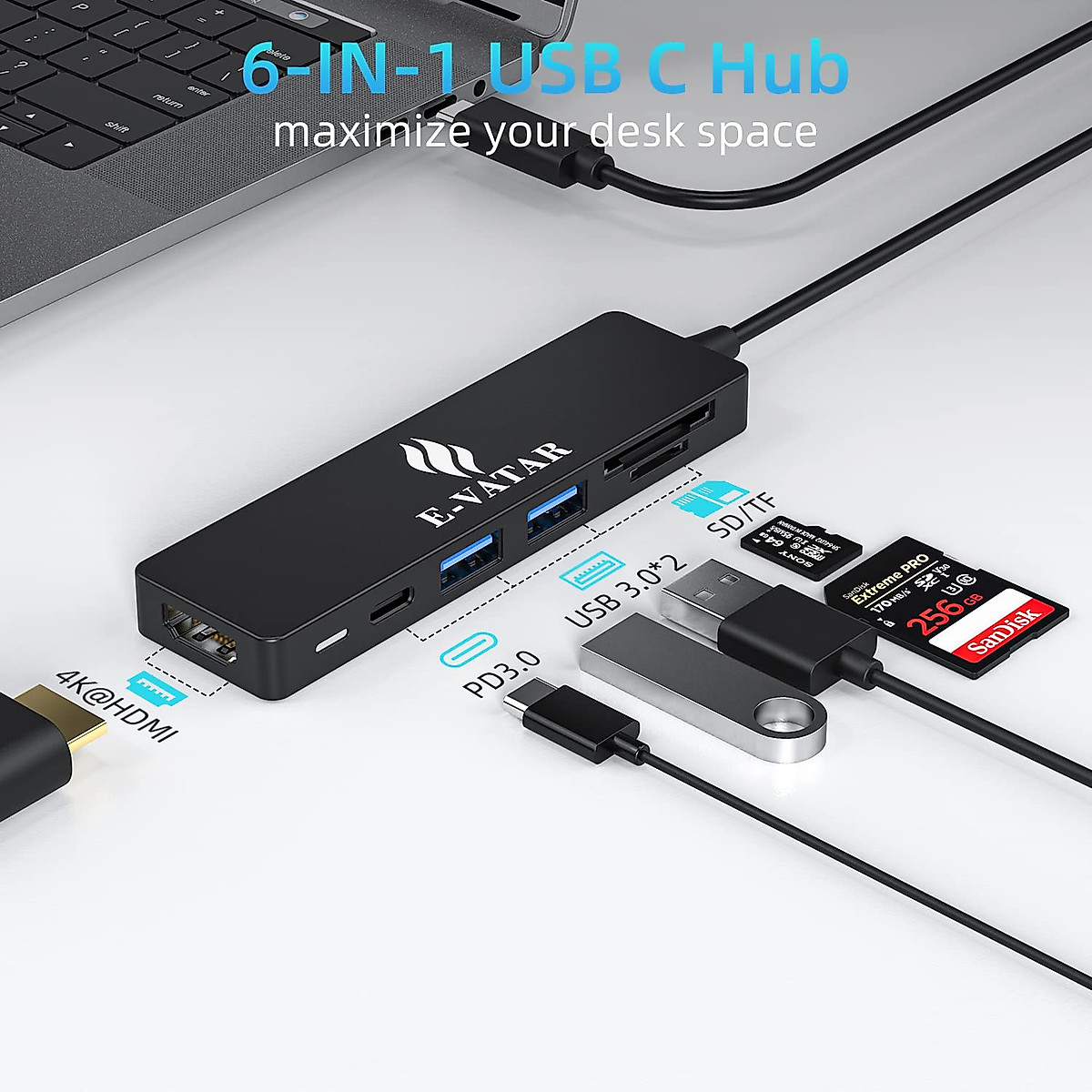USB C Hub, Familycrazy Portable USB c to USB hub with 100W PD, 4K HDMI, 2 USB 3.0, Micro SD and TF Card Reader, Suitable for MacBook Pro/Air, iPad Pro, Dell, XPS, Surface, and Type-C Devices