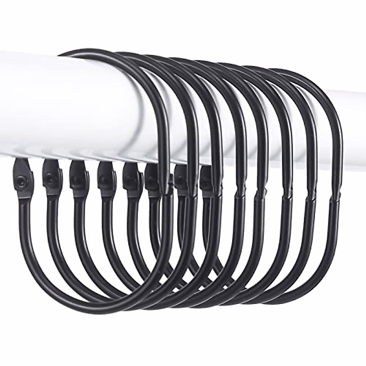 Goowin Shower Curtain Rings, 12 Pcs Shower Curtain Hooks, Oval Snap Shower Rings for Curtain, Metal Black Shower Curtain Rings Rust Proof, Glide Smoothly Shower Hooks for Shower Curtain Rod (Black)