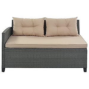 6-Piece Outdoor PE Wicker Sofa Sectional Sofa Set, Patio Rattan Dinning Set, All Weather Conversation Set with Thick Cushions and Pillows for Garden Lawn, Backyard, Poolside (Gray+Beige Cushion)