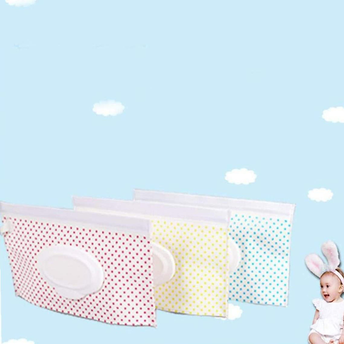 3 Pcs Wet Wipes Dispensers Polka Dot Design Portable Refillable Wet Wipes Bags, Yellow+red+blue, Medium