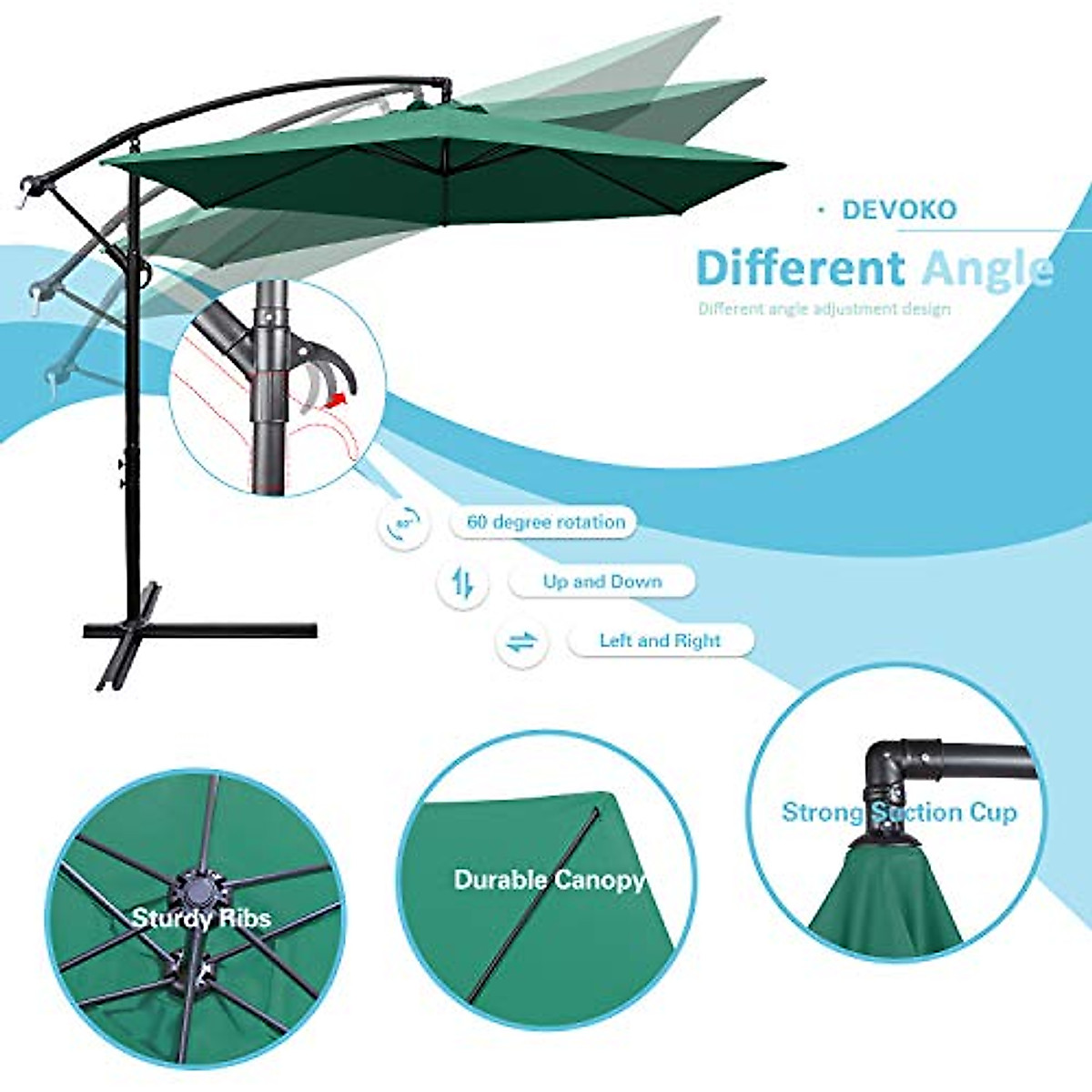 Devoko 10 Ft Patio Offset Cantilever Umbrella Outdoor Market Hanging Umbrellas with Crank & Cross Base Suitable for Garden, Lawn, backyard, Deck and Poolside (Deep Green)